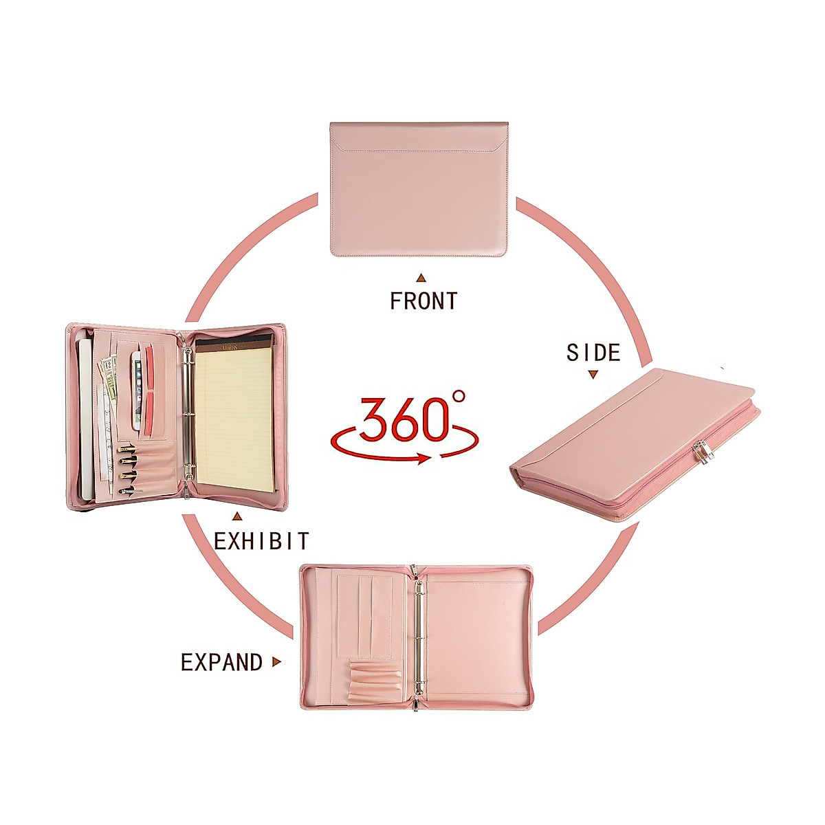 Free Engraved Name, Personalized Portfolio Binder for Women, PU Leather 3 Ring Binder Padfolio Organizer, Business Resume Zippered Portfolio with A4 Writing Pad, Corporate Gift, Customized, Pink