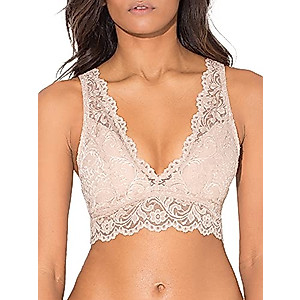 Smart & Sexy Women's Signature Lace Deep V Neck Wireless Bralette, Bralettes For Women With Support, Bralettes and Bralette Pack In the Buff/White/Black M