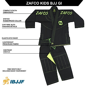 Zafco Sports Brazilian Jiu Jitsu, Kids Jiu Jitsu Gi Children BJJ Gi Grappling Kimonos Lightweight White Belt (Black, K0)