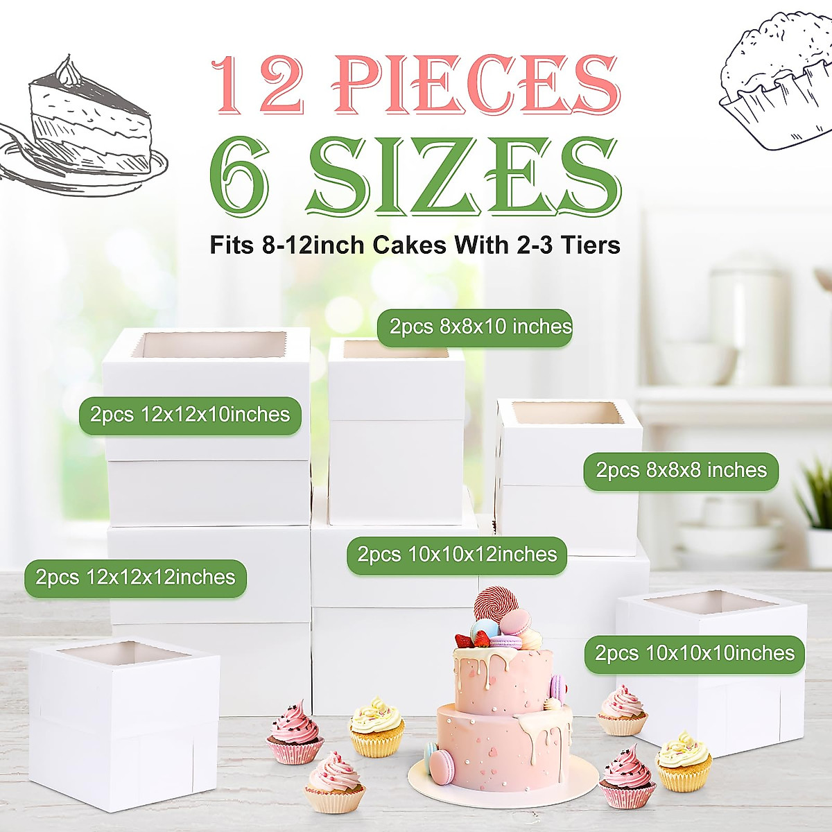 Moretoes 6 Sizes Cake Boxes12 Pcs 12x12x12 12x12x10 10x10x10 10x10x12 8x8x8 8x8x10 Inch Tall Bakery Boxes Disposable Carrier Take Out Container in 2 or 3 Tier for Wedding Birthday