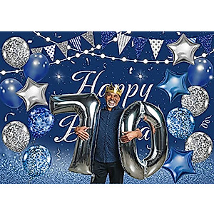 Cenven Navy Blue Happy Birthday Backdrop Silver Glitter Balloons Star Flag Sequins Background Adult Men Women Birthday Party Decoration Cake Table Photo Booth (7x5FT, Blue)