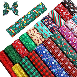 20 Pieces Christmas Faux Leather Sheets Christmas Theme Printed Synthetic Leather Sheet Glitter Faux Leather Fabric Sheet Santa Claus Faux Leather Sheet for DIY Christmas Craft Making, 8.3 x 6.3 Inch