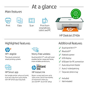 HP DeskJet 27 42e Series Wireless Inkjet Color All-in-One Printer - Print Copy Scan - Mobile Printing - USB Connectivity - Up to 7 ISO PPM - Up to 4800 x 1200 DPI - Sequoia + HDMI Cable (Renewed)