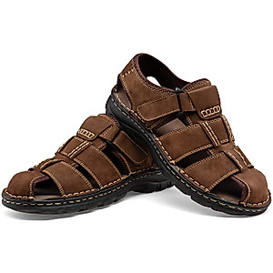 Jousen Men's Sandals Leather Closed Toe Sandal Outdoor Water Sport Beach Sandal Hiking (AMY663 Dark Brown 11)