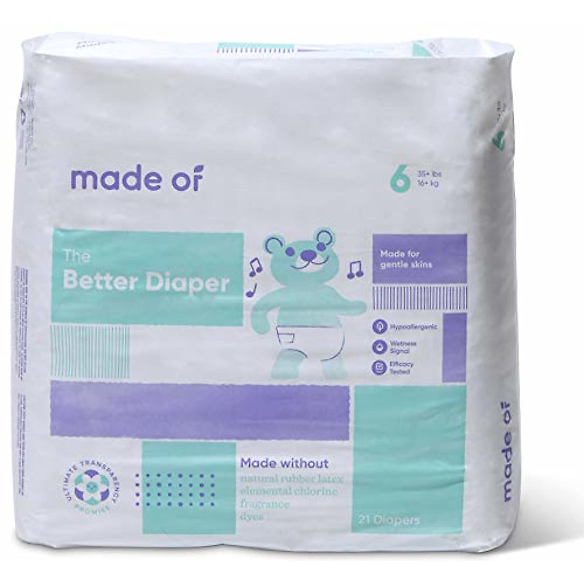 MADE OF The Better Baby Diapers - Hypoallergenic Diapers for Sensitive Skin, Unscented, 10 Hour Absorbency - Pediatrician and Dermatologist Tested - Size 6 (84 Count)