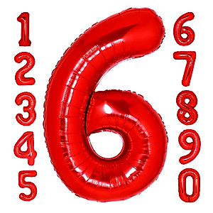 40 Inch Red Number 6 Balloon Large Size Jumbo Digit 6 Mylar Foil Helium Red Balloons for 6th Birthday Party Boys Girl Celebration Decors 6 Years Old Anniversary Photo Shoot for Kids Gift Bridal Shower