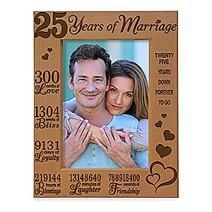 KATE POSH 25 Years of Marriage Engraved Natural Wood Frame, 25th, Husband & Wife, 25 Years Down Forever to Go, Silver Wedding Anniversary (5x7-Vertical)
