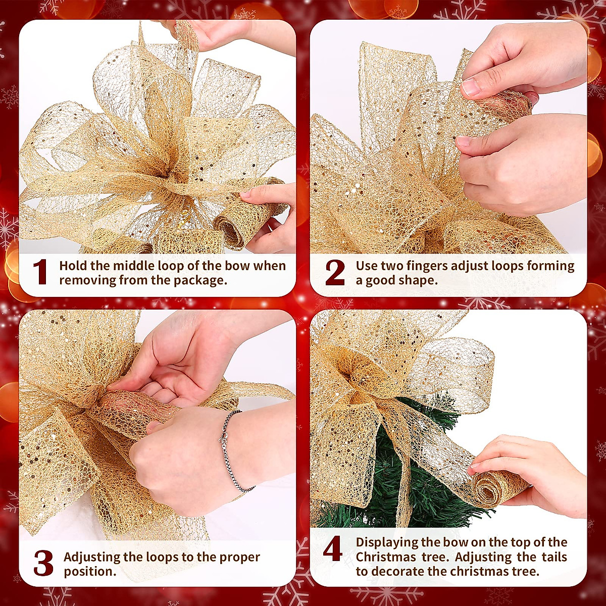 GWHOLE Christmas Tree Toppers Large Gold Xmas Tree Ribbon Bows House Decoration Supplies for Christmas Tree Decorating with Streamers, 12 inch (Gold)