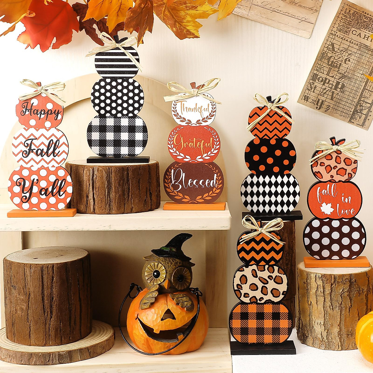 Barydat 6 Pcs Thanksgiving Table Decor Sign Stacked Pumpkins Wooden Pumpkins Stacked Thanksgiving Tiered Tray Decor Fall Decorations for Home Farmhouse Harvest Mantel Party