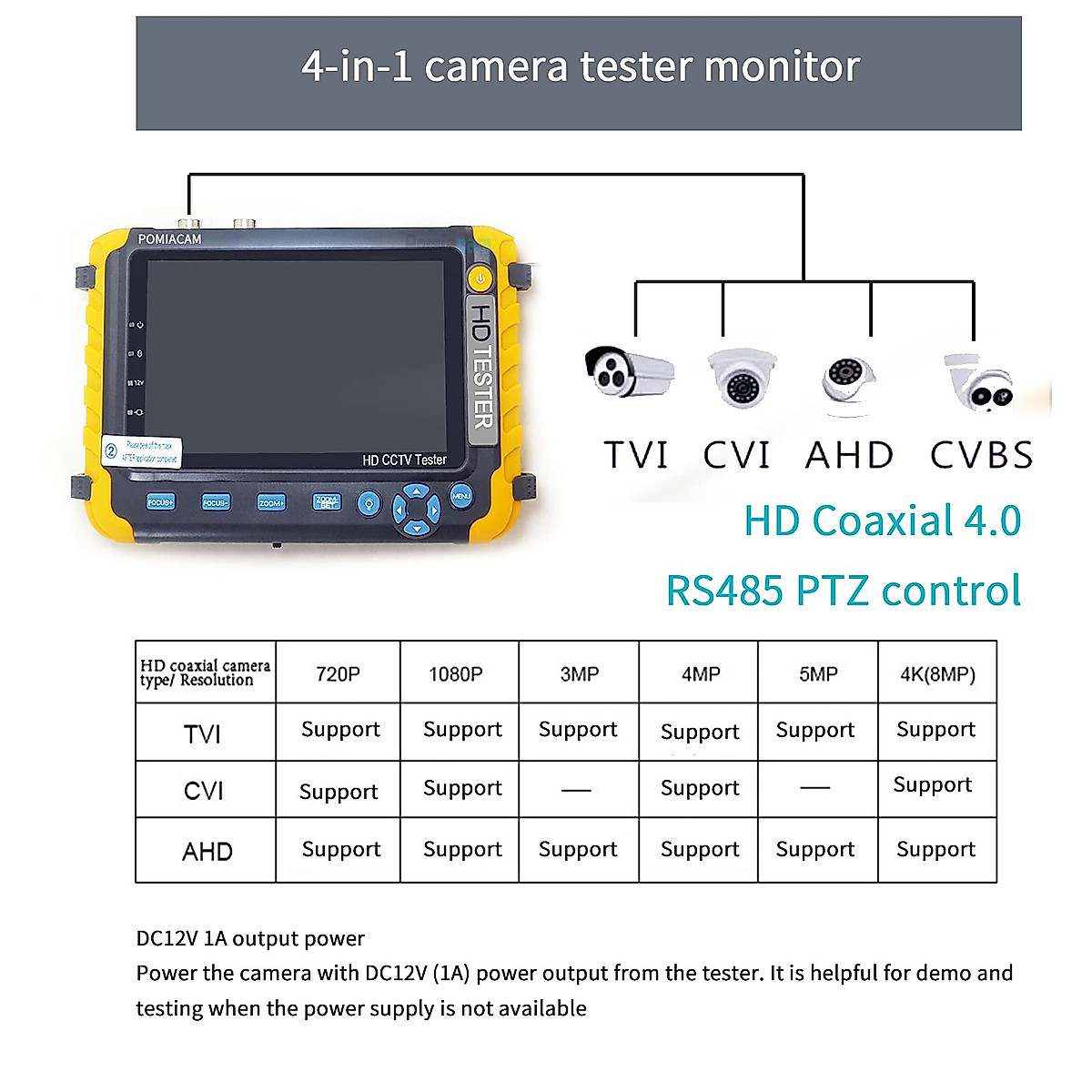 AHD CCTV Monitor Camera Tester IV8W 5 Inch 4-in-1 8MP AHD TVI 8MP CVI CVBS 1080P Coaxial HD Video Testerr Support RS485 PTZ Controller/UTP Cable Test/VGA HDMI Input/DC12V Output