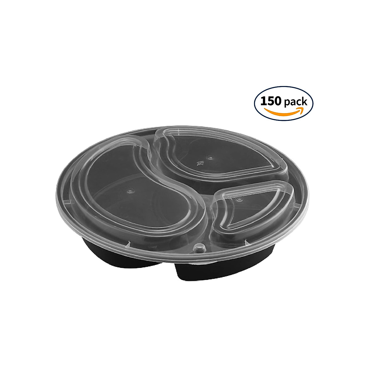 TIYA Takeout Food Containers - 45 oz Bulk 150 Pack with Lids - Round 3-Compartment To-Go Containers - Reusable, Microwavable, Dishwasher Safe - Leak-Proof, Great for Meal Prep - BPA-Free