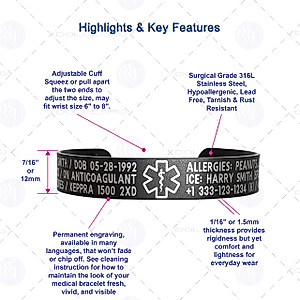 Medical Alert ID Bracelet Cuff 14mm Wide, 316L Stainless Steel - Customize and Personalize 8 Lines with Your Conditions
