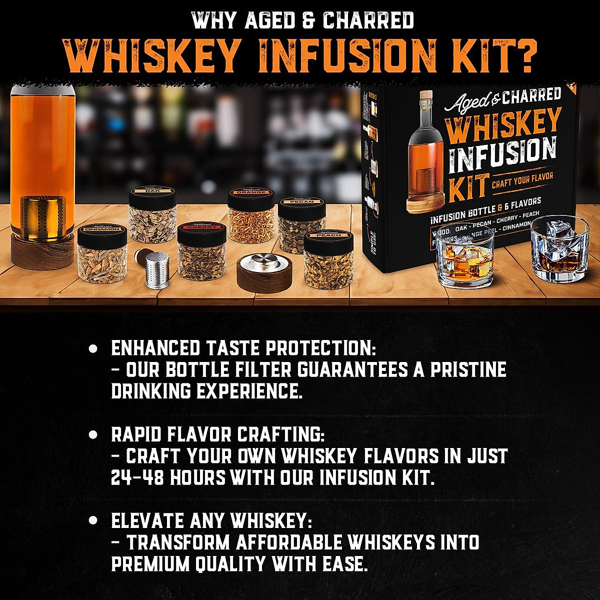 Complete Whiskey Infusion Kit (4 Wood Chips, Orange and Cinnamon Peels) - Whiskey Making Kit Gift Sets for Men - Craft Your Own Whiskey Flavors - Unique Bourbon Gifts for Men