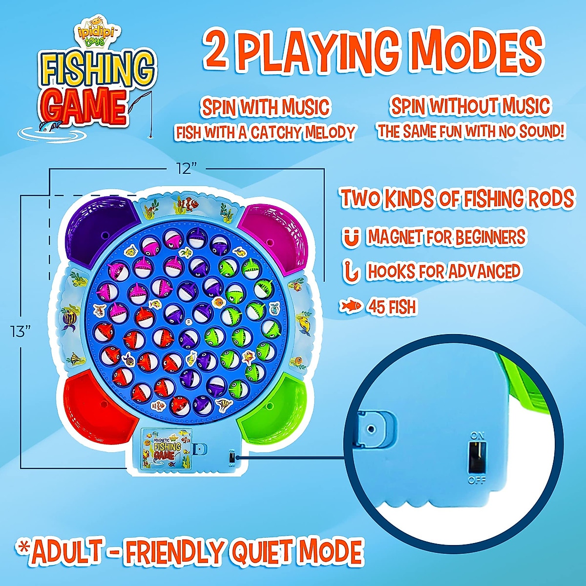 IPIDIPI TOYS Fishing Game for Kids, Magnetic Fishing Game for Toddlers - 45 Fish, 8 Poles Fishing Toy - Rotating Fish Board Game with Music, Educational, Fine Motor Skill Toys for Boys and Girls