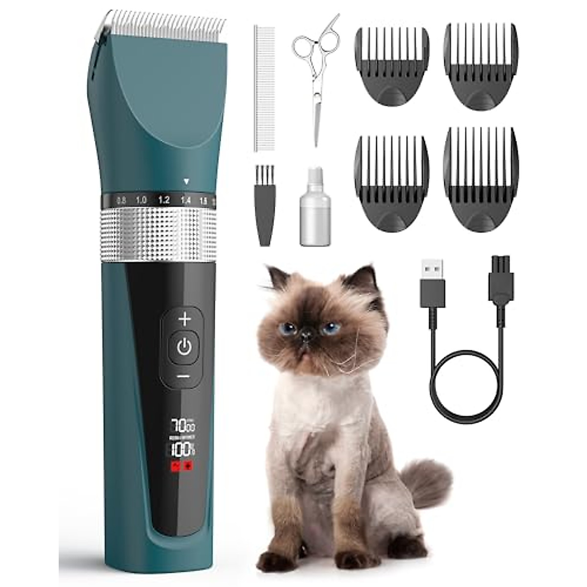 oneisall Grooming Clippers Kit for Matted Long Hair, 5-Speed Cordless Low Noise Pet Hair Clipper Trimmer Shaver for Dogs Cats Animals (Green)