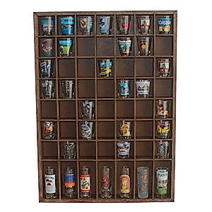 DisplayGifts Open Front Shot Glasses Display Case 56 Compartments Wall Mount Pint Glass Shadow Box Bar Collection or Small Items Display Shelving, No Cover on The Front, Rustic Brown Wood Frame