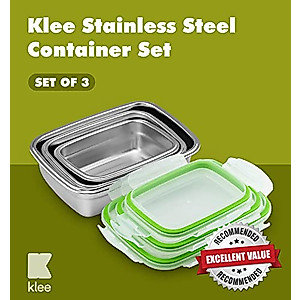 Klee Set of 3 Food Storage Containers with Airtight Lids (12oz,19oz, 28oz) - Premium 304 Stainless Steel Containers, Bento Boxes, Lunch Boxes, Meal Prep Containers for Kitchen, School, Office, Travel