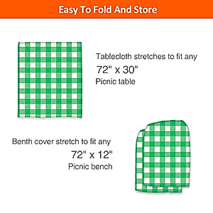 Picnic Table and Bench Fitted Tablecloth Cover, 3 Pack Set, KENOBEE Flannel Backing Elastic Edge Waterproof Wipeable Plastic Cover Fitted Vinyl Tablecloth for Home Goods Outdoor Patio,Green-White
