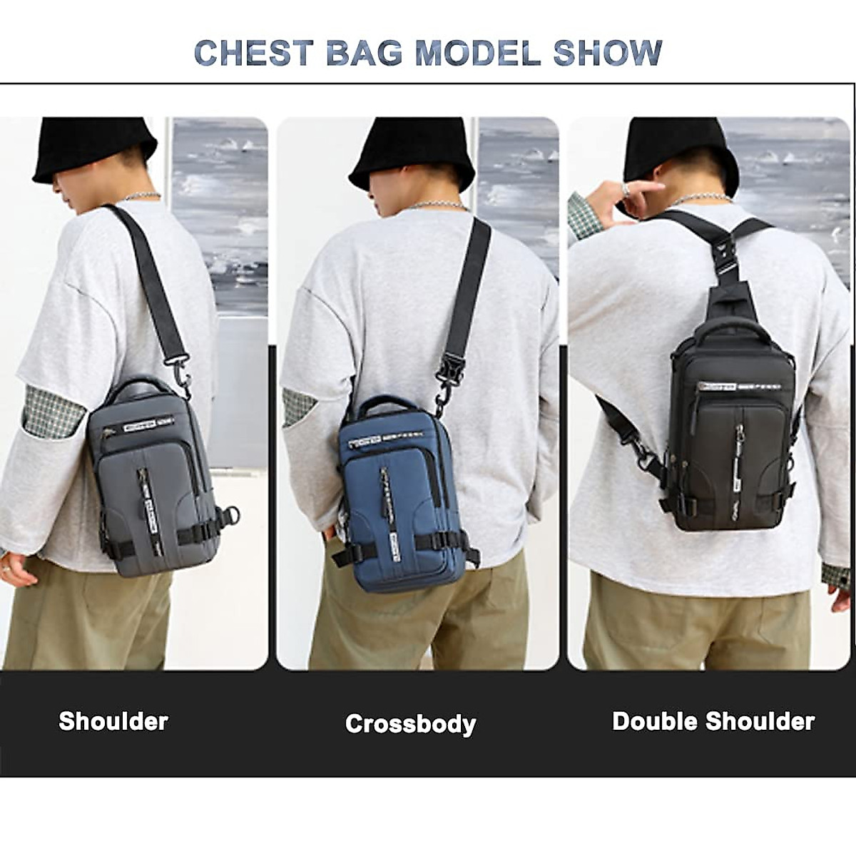 JBB Waterproof Sling Bag Crossbody Backpack for Men Women Multipurpose Waist Pack with USB Charging Port for Hiking Walking Black