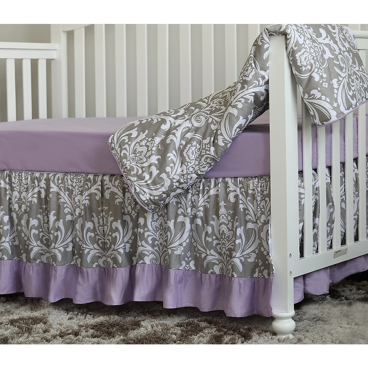 3 pcs Set Boho Floral Ruffle Baby Minky Blanket Baby Nursery Crib Skirt Set Baby Girl Crib Bedding (Grey Purple)