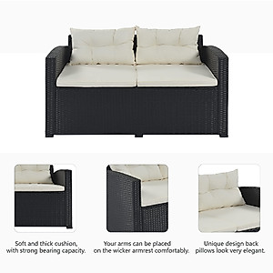 Modern Design 9 Piece Outdoor Large Wicker Sofa Set, Conversation Sectional Couch with Ottoman and Coffee Table, PE Wicker Rattan Furniture Set for Patio Balcony Backyard (Beige + Wicker-9-piece-1)