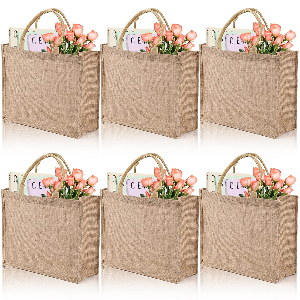 DEAYOU 6 Pack Jute Tote Bag, Burlap Gift Tote with Handle, Grocery Shopping Bag for DIY, Wedding,15.4''x12.2''x5.9''