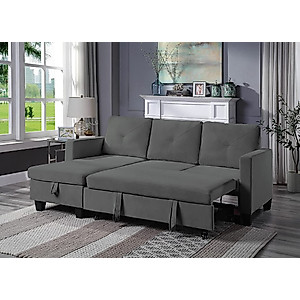 TUTB 82.5'' L-Shape Convertible Sleeper Sectional Sofa with Storage Chaise and Pull-Out Bed, Velvet Upholstered Reversible Corner 3 Person Couch, for Living Room, Apartment, Dark Gray