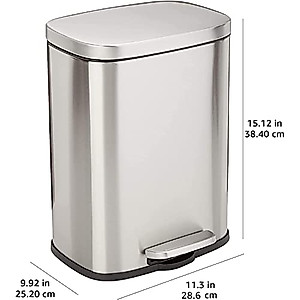 Amazon Basics Smudge Resistant Small Rectangular Trash Can With Soft-Close Foot Pedal, for Bathroom/ Living room, Brushed Stainless Steel,12 Liter/3.1 Gal, Satin Nickel Finish,11.3"L x 9.9"W x 15.1"H