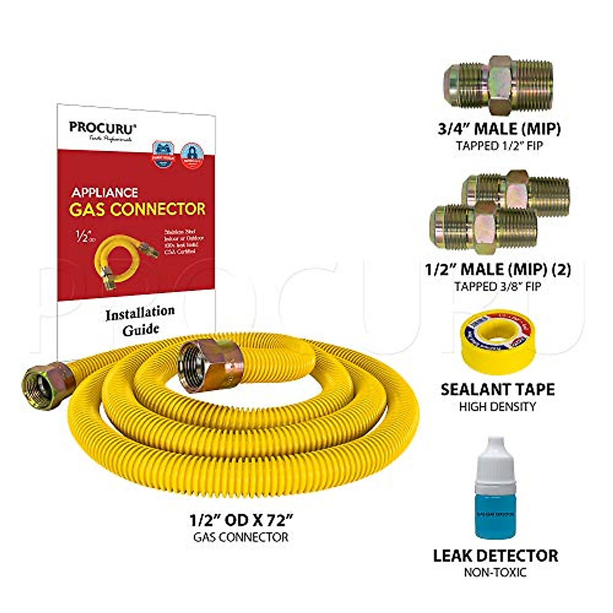 PROCURU 1/2" OD x 72" Long Weatherproof Stainless Steel Gas Flex Connector Kit with Yellow SafeGuard Coating for Dryer, Water Heater, Bbq Grill
