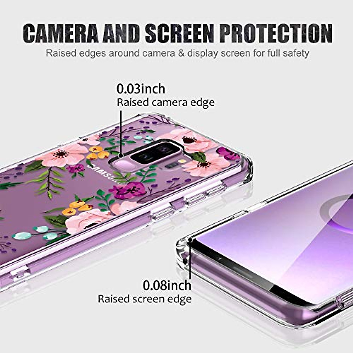 LUHOURI Samsung Galaxy S9 Plus Case Clear with Design for Girls Women,Shockproof Hard PC Cover and Soft TPU Bumper Slim Fit Protective Phone Case for Galaxy S9+ Plus 6.2 inch Purple Blossoms