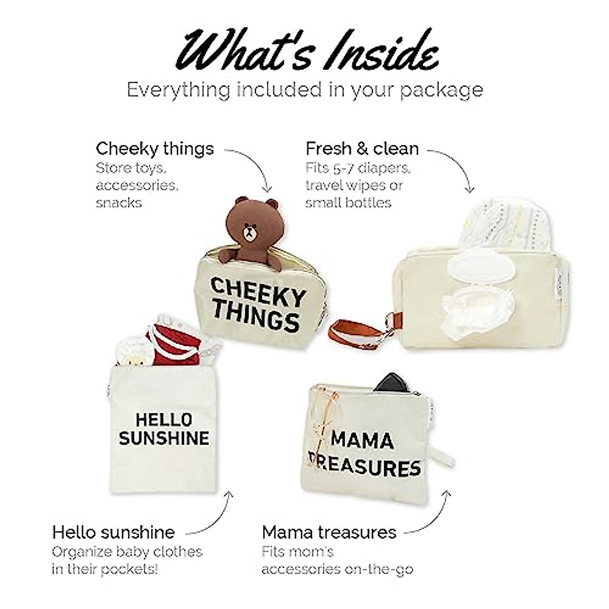 Bundle & Bliss Fruit Diaper Bag Organizing Pouches. Cloth Diaper Bag Organizer Pouches with Zipper. 4pc Set Travel Pouch Bags Packing Cubes. Wet Bag, Diaper Clutch Baby Wipe Holder etc.