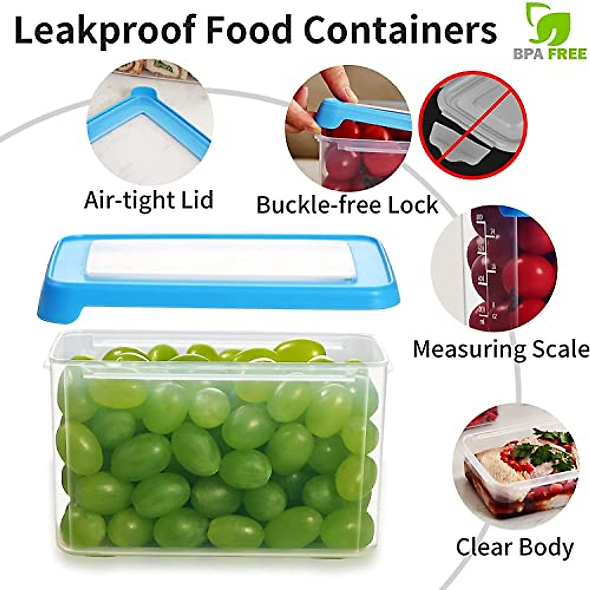 Lockcoo 10 Pack Food Storage Containers Set with Lids Airtight, BPA Free Plastic Food Containers, Leakproof Stackable Kitchen Containers - Freezer, Microwave & Dishwasher Safe (Blue)