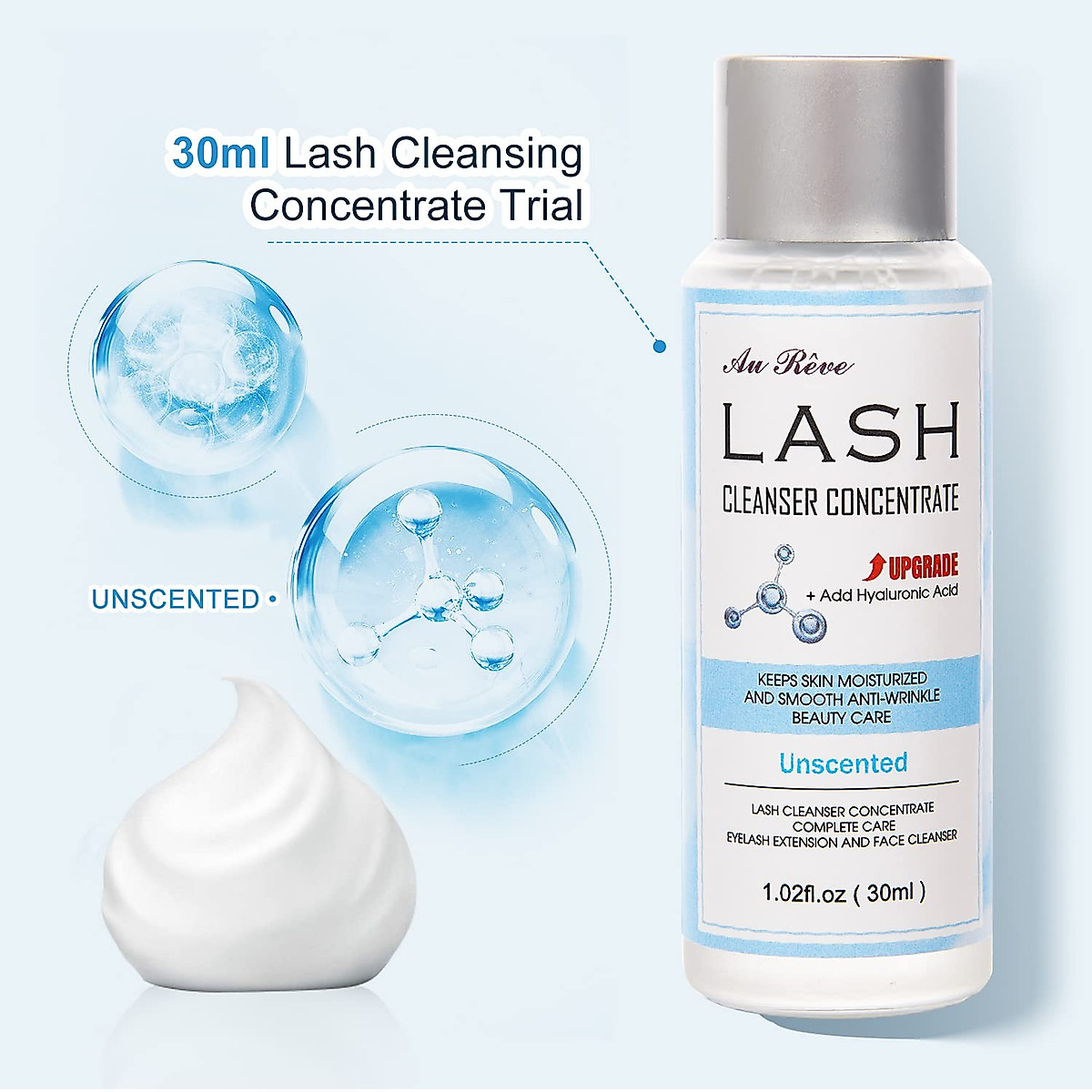 AuReve Lash Shampoo Concentrate 30ml Lash Cleanser Concentrate Add Hyaluronic Acid Oil-Free Lash Extension Shampoo Perfect for Salon，Unscented
