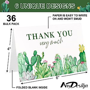 AnyDesign Cactus Thank You Cards 36 Pack Watercolor Succulent Note Cards with Matching Seal Stickers Envelopes Greenery Greeting Blank Cards for Birthday Baby Shower Wedding Bridal Party, 4 x 6