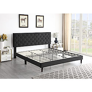 King Upholstered Platform Bed Frame with 48" Tall Adjustable Headboard - Button Tufted Suede Velour Bed- Wood Slat Support with Storage Space- No Box Spring Needed - Black - OLIVER & SMITH - Princeton