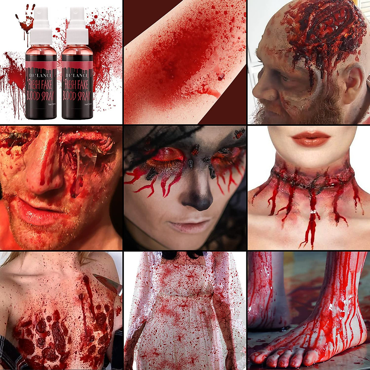 2 PSC Washable Fake Blood Spray,Halloween Fake Blood Splatter, DE'LANCI Liquid Blood for Clothes,Skin and Eye Drops,Squirt Fake Blood Makeup for Vampire Monster Zombie Bride and Costumes,100g(3.53 Oz)