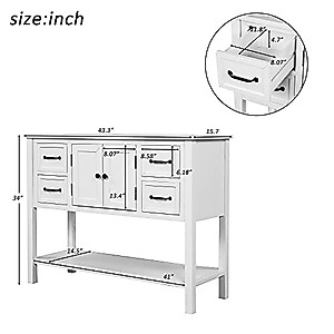 DANGRUUT Elegant Farmhouse Thicken Solid Wood Buffet Sideboard with Door Cabinet, Storage Drawers, Bottom Shelf, 43'' Rustic Accent Console Table Buffet Serving Cabinet for Entryway/Kitchen (White)