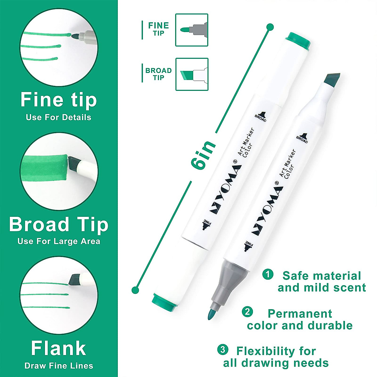 Y YOMA 60 Colors Alcohol Markers Dual Tip Markers Brush Tip Set, Unique Colors (1 Marker Case) Alcohol-based Ink, Fine & Chisel, White Penholder