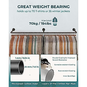 OROPY Clothes Rack, 65.7" Industrial Pipe Clothing Rack for Hanging Clothes, Wall Mounted Heavy Duty Space Saving Garment Rack for Closet Storage, Black, 3 Base