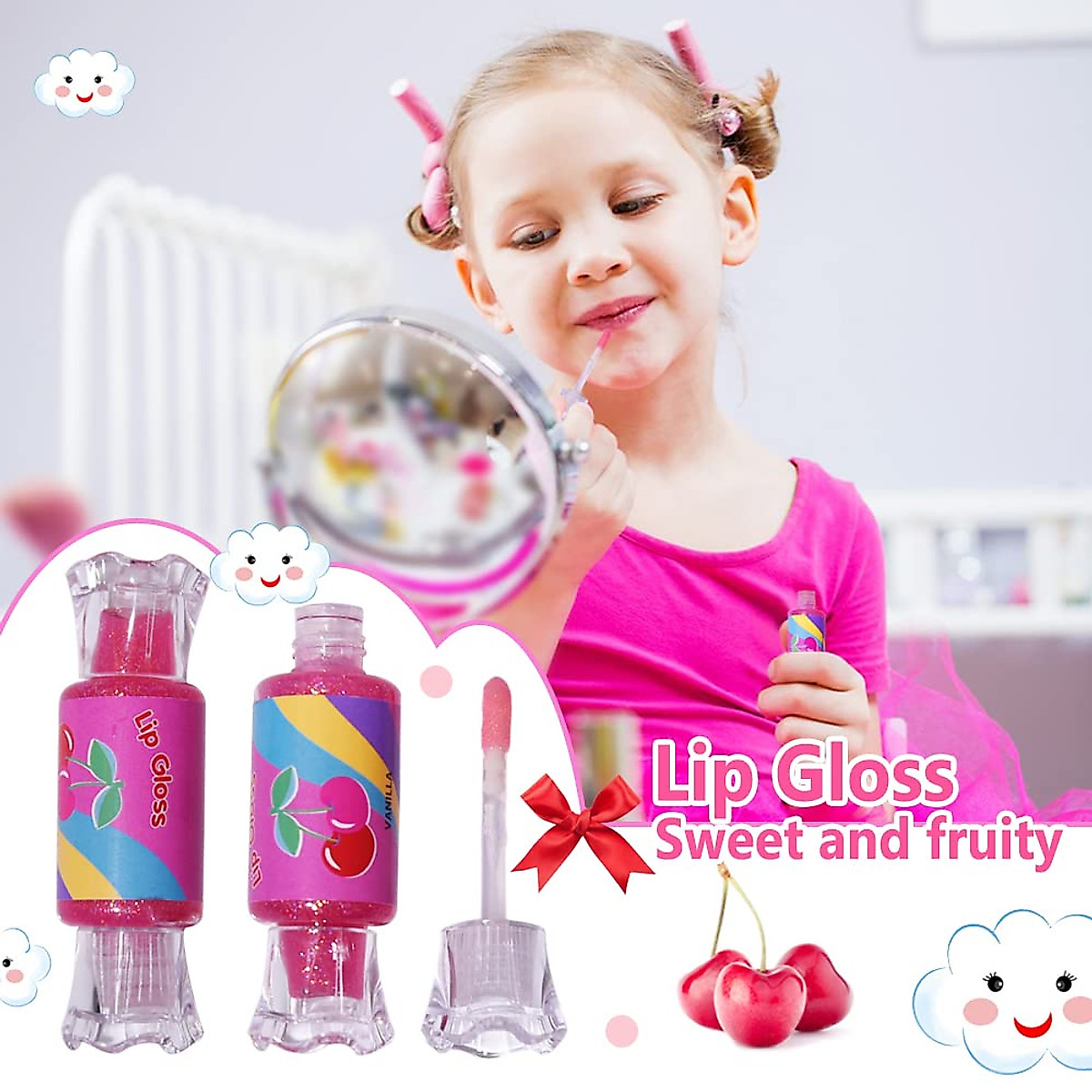 Mebtmel Cute Lip Gloss for Kids, 8PCS Glitter Girls Lip Gloss Set with Shape of Candy, Assorted Flavors Hydrating Lip Balm Party Favor Make-up for Girls and Teens Ages 8-12