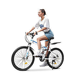 LENJKYYO 26in Folding Mountain Bike, 21-Speed High Carbon Steel MTB, Full-Suspension Outdoor Bicycle for Adult, 2-Disc Brake Outroad Bike w/Folding Clip & Lockable Fork