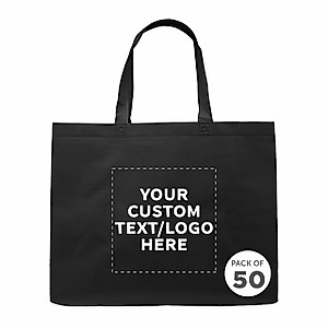 DISCOUNT PROMOS Custom Jumbo Sized Tote Bags Set of 50, Personalized Bulk Pack - Reusable Grocery Bags, Shopping Bags, Promotional Item Totes for Women - Black