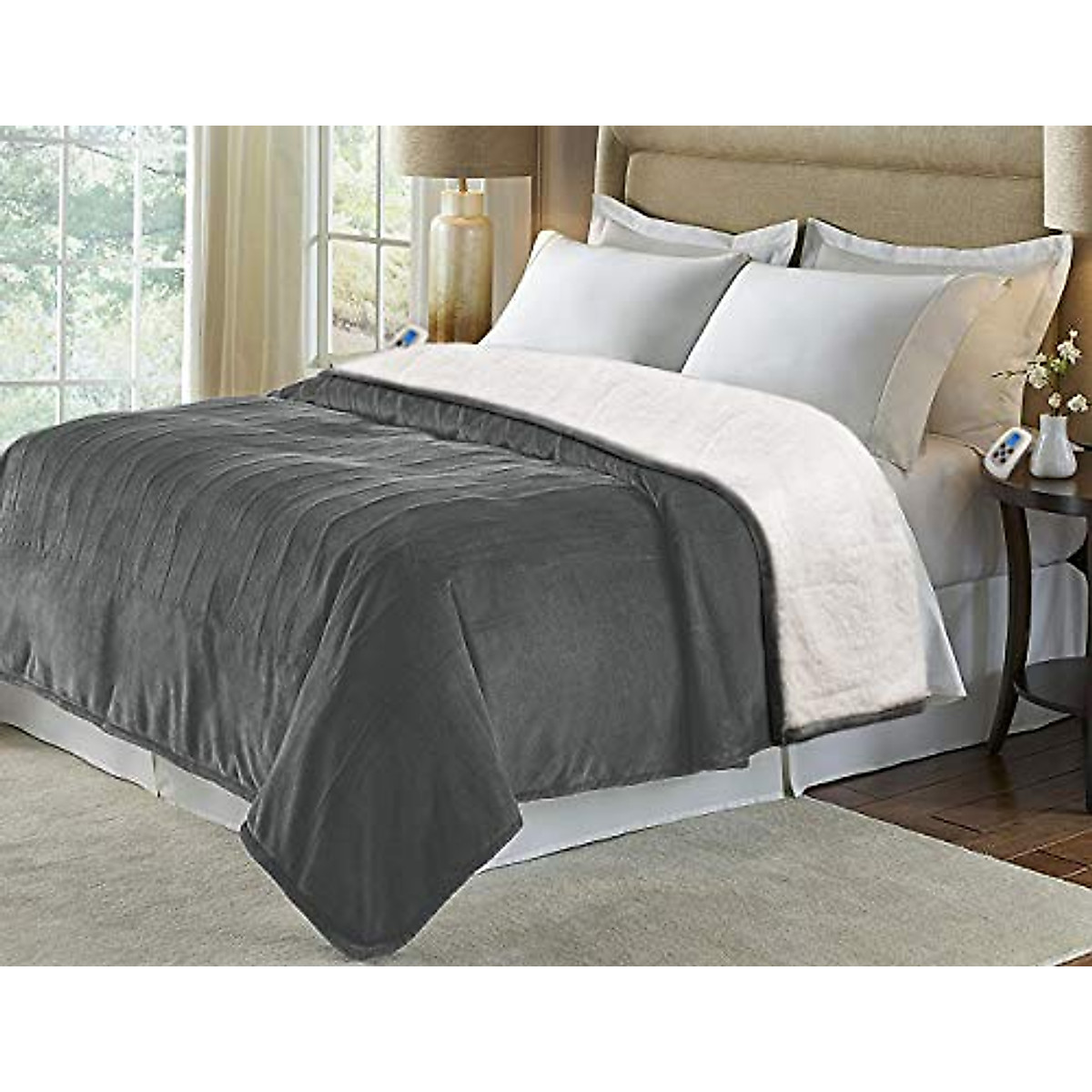 Marquess Electric Blanket Queen Size, Sherpa Flannel Heated Blanket with Dual Control, 10 Heat Settings, Automatic Shut Off Adjustable, Machine Washable (Grey, Queen)