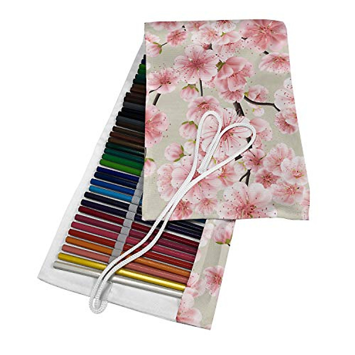 Ambesonne Cherry Blossom Roll Up Pencil Holder, Random Arrangement of Pastel Colored Blooming Sakura Flower, Painting Drawing Pencils Case for Artists Students, 72 Loops, Rose Eggshell