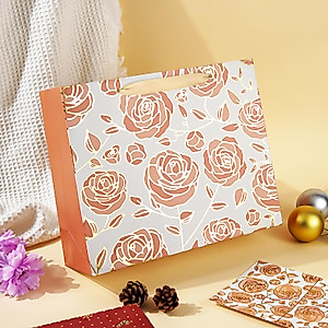 DecorWoo 13" Rose Gold Large Gift Bag with Card and Tissue Paper, Foil Flowers Gift Bag for Birthdays, Bridal Showers, Mothers day, Anniversaries, Weddings
