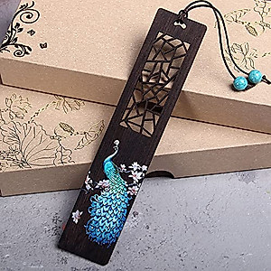 KAIY Handmade Wooden Bookmark Gift Box, Natural Hard Wood Bookmark Peacock Hollowed Out Pattern Color Drawing Bookmark with Tassel, Birthday Gifts for Women Men Teachers Girls Mom Lady Book Lover