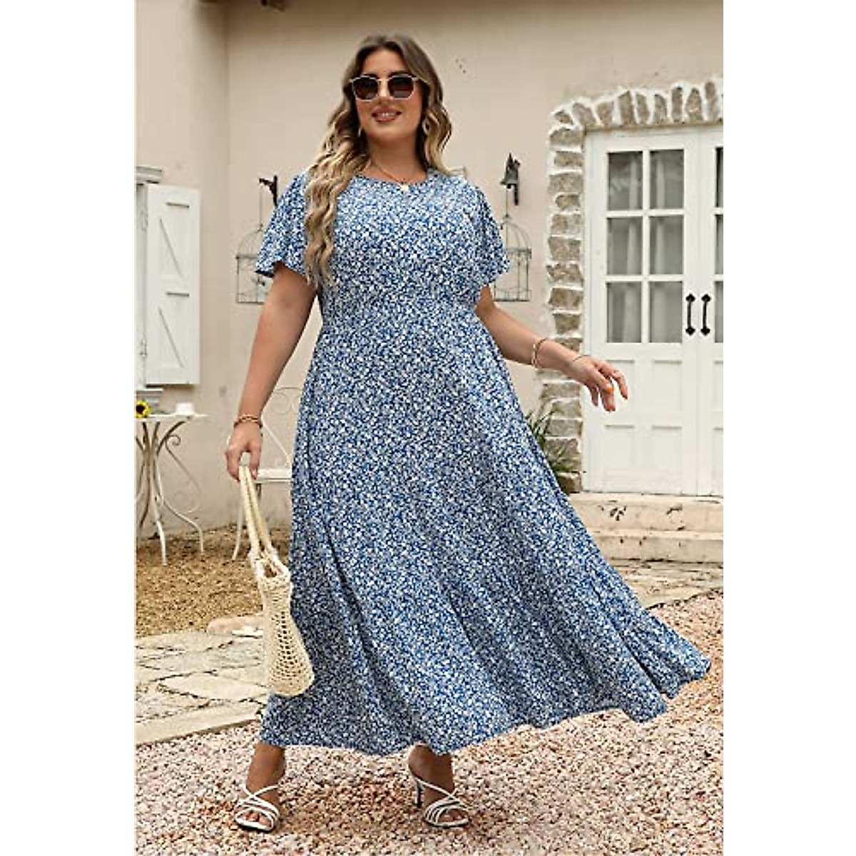 Nemidor Womens Plus Size Boho Ditsy Floral Print Casual Layered Flared Maxi Dress with Pocket NEM304(22,Blue White)