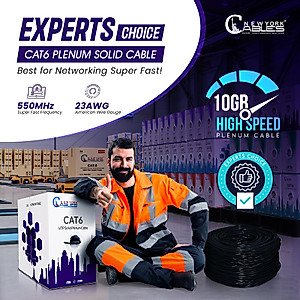 NewYork Cables | CAT6 Plenum Cable 1000ft (CMP) | UTP, 550MHz, 23AWG, 4Pair UTP 10GB Internet Cable | Quality Tested Bulk Ethernet Cable for Networking & Gaming (Black)