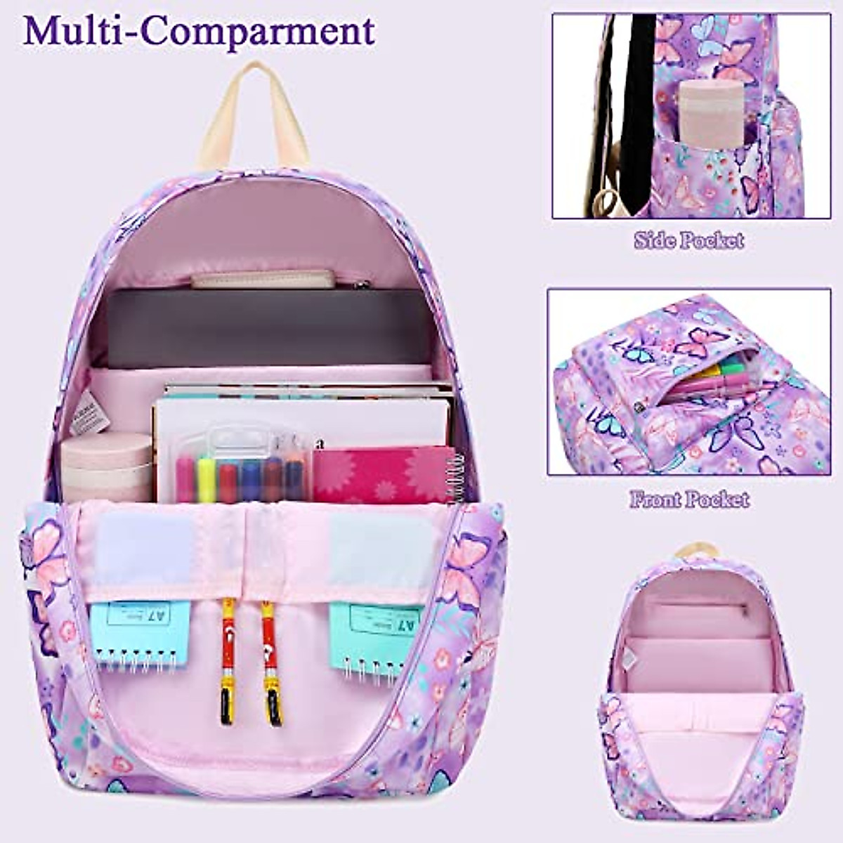 OctSky Backpack for Girls Kids Backpack Elementary Bookbags Teens Middle School Backpack with Lunch Box Water-repellent Lightweight Butterfly Purple