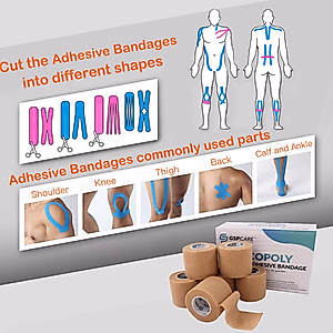 Self Adherent Cohesive Bandages Wrap 6 Count 2" x 5 Yards, Medical Tape, Adhesive Flexible Breathable First Aid Non Woven Rolls, Stretch Athletic, Ankle Sprains & Swelling, Sports